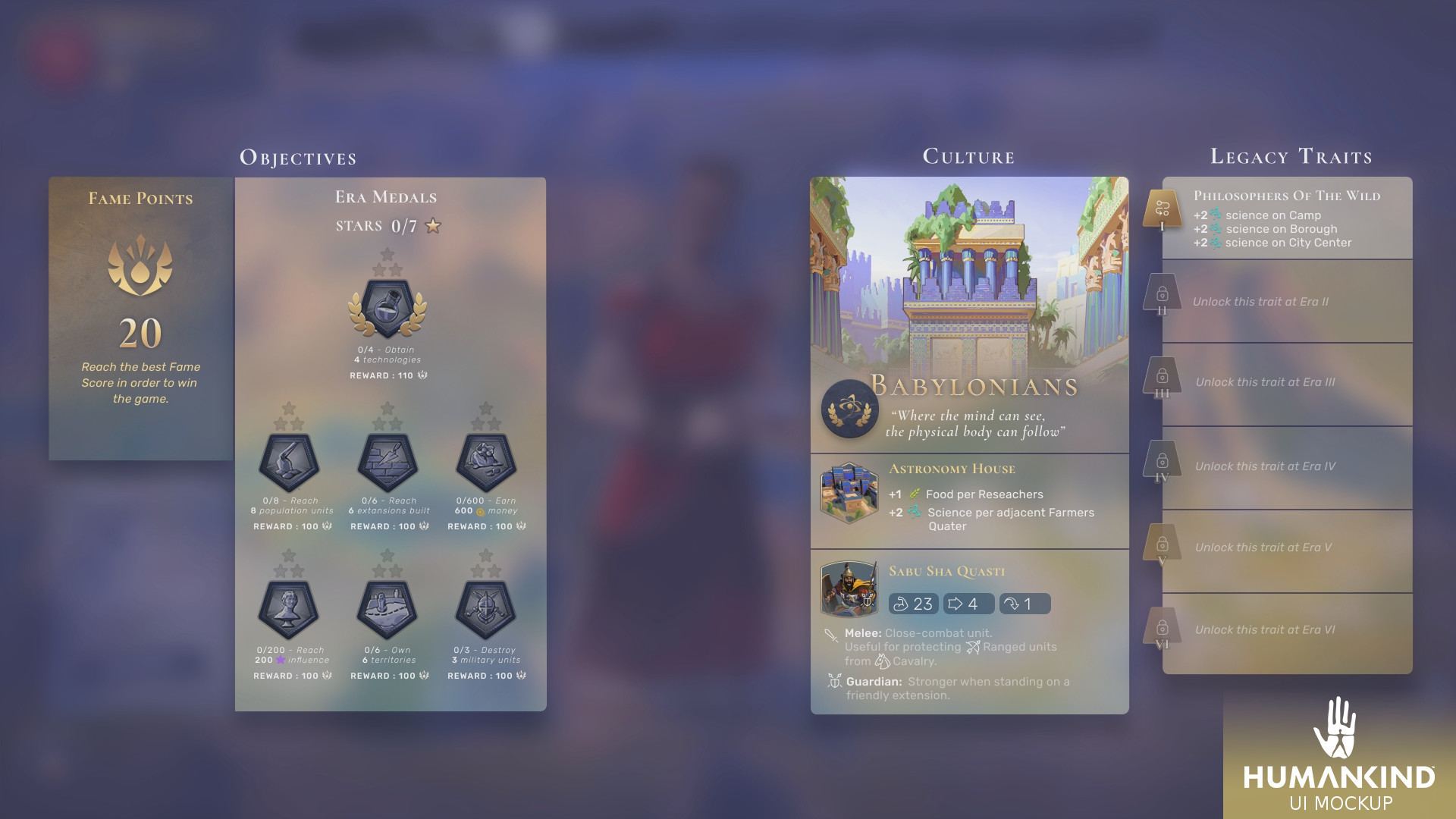 A design draft of a screen showing your civilization.