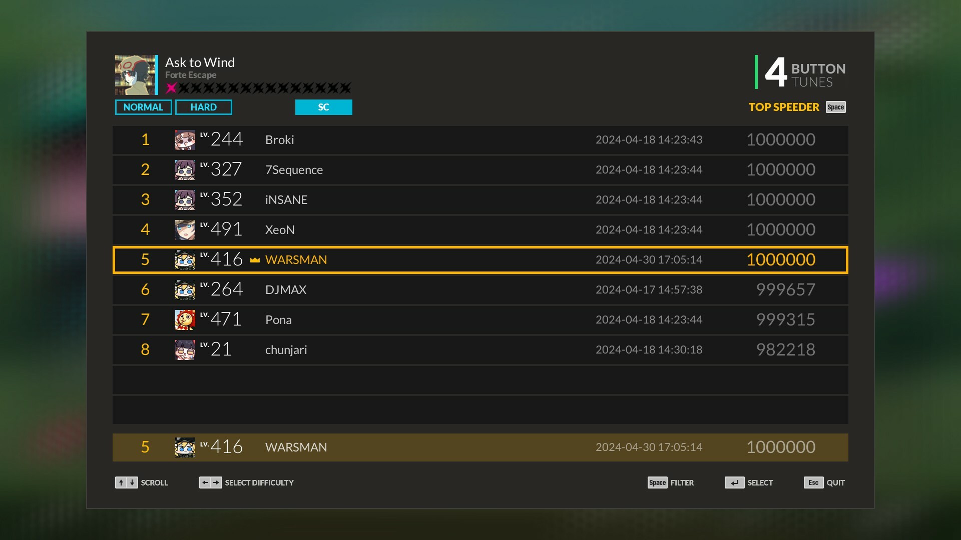 Your ranking will now be displayed at the bottom of the ranking list ...