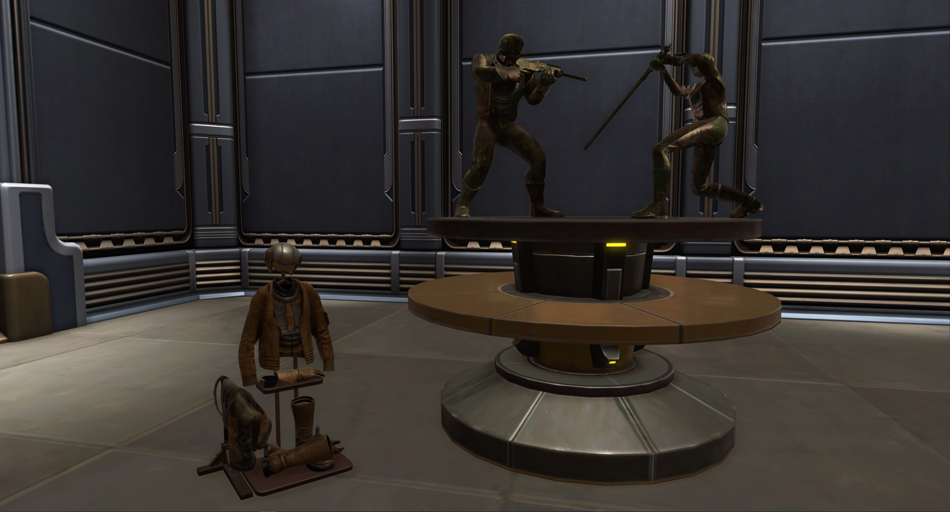 (Renegade Gunner Armor Display and Battler Trophy decorations)