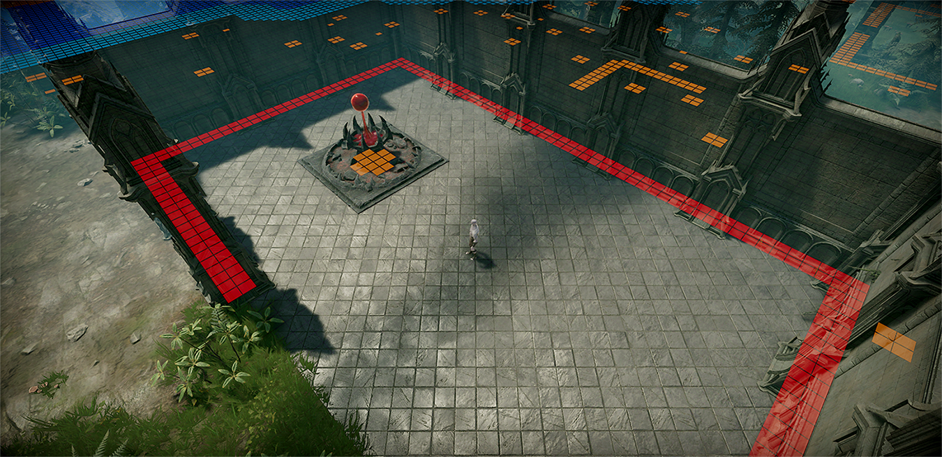 2D collision map. Red tiles represent barriers, places you cannot walk.