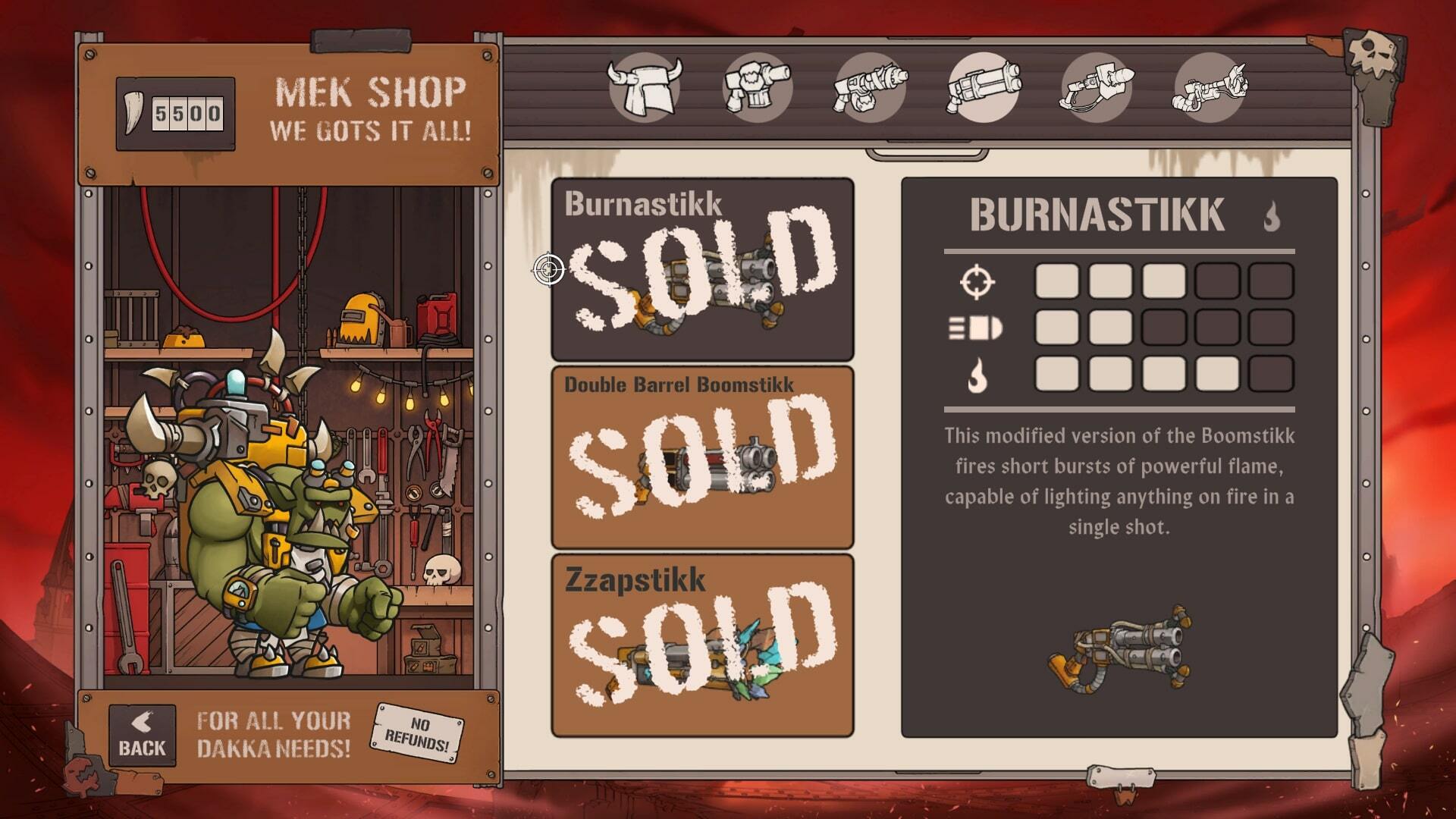 The Mek Shop gots it all! The finest looted shooties, and hats, to spend your Teef on! But spend ...