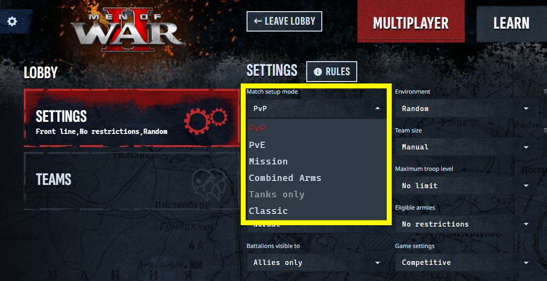 Match Setup Mode selection in the Lobby Settings menu