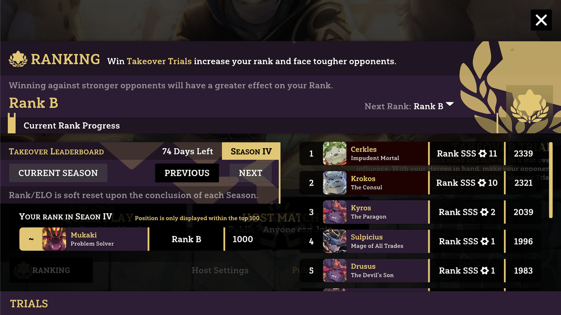Takeover Trial Leaderboard: The Rank menu has been expanded to include ...