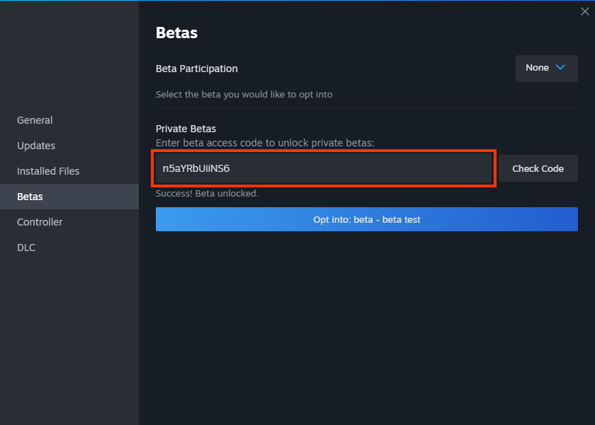 If successful, "Opt into: beta - beta test" will be displayed in blue ...