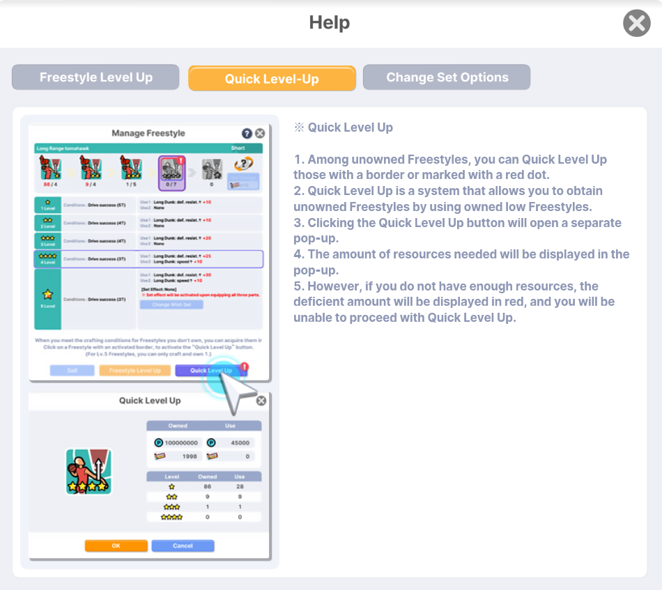 1. Among unowned Freestyles, you can Quick Level Up those with a border or